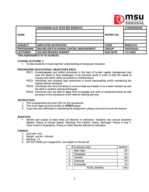 Assignment 1 Bhr21103 Cover Page Alip Strategic Management Msu