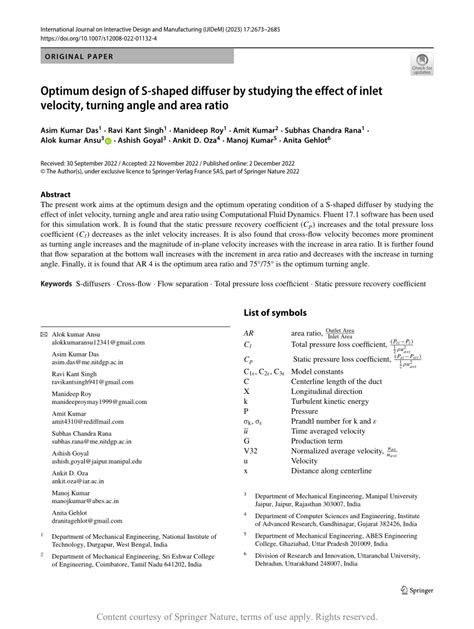 Optimum Design Of S Shaped Diffuser By Studying The Effect Of Inlet