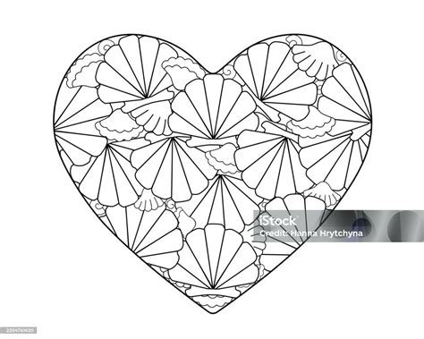 바다의 심장 가리비에 의해 껍질로 채워진 심장의 형태로 색칠 공부 책 벡터 선형 이미지 심장과 껍질 해양 착색 Antistress에 대 한 벡터 선형 그림 가리비에 대한