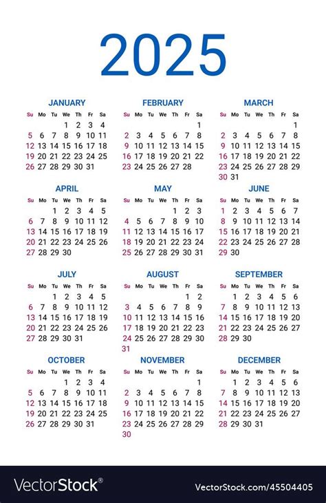 2025 Year Calendar Week Starts On Sunday Mockup Vector Image On