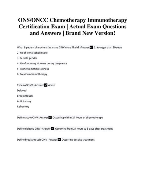 Ons Oncc Chemotherapy Immunotherapy Certification Exam Actual Exam Questions And Answers