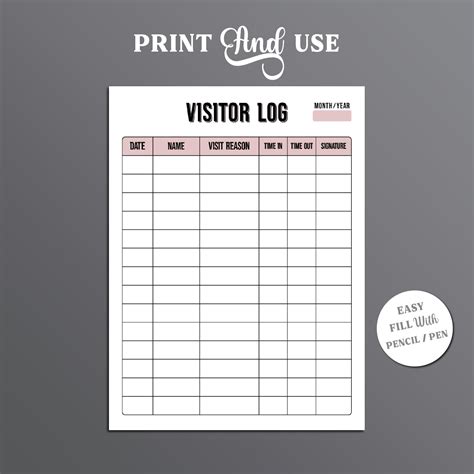 Visitor Log Printable Visitor Log Sheet Visitor Tracker Template