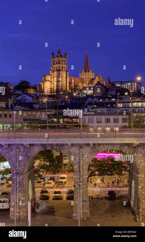 Cathedral Of Notre Dame Of Lausanne And Bridge Switzerland Hdr Stock