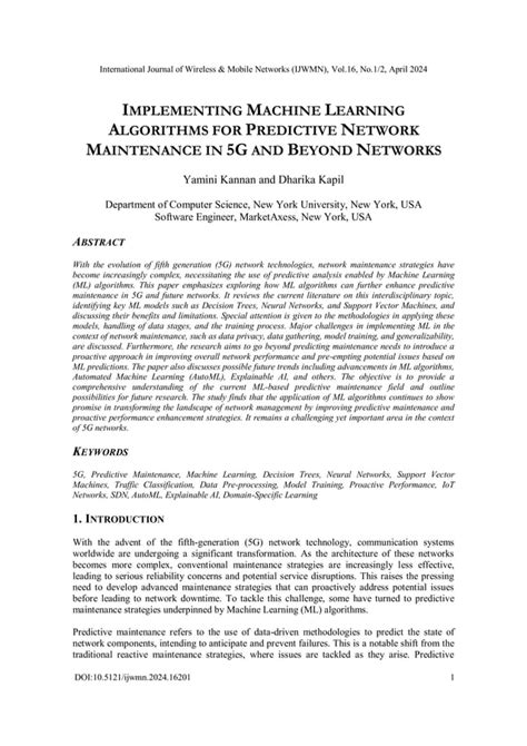 Implementing Machine Learning Algorithms For Predictive Network Maintenance In 5g And Beyond