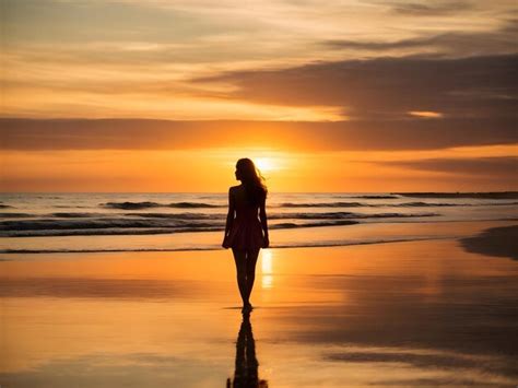 A Silhouette Of A Beautiful Girl At Beach At Sunset Premium Ai