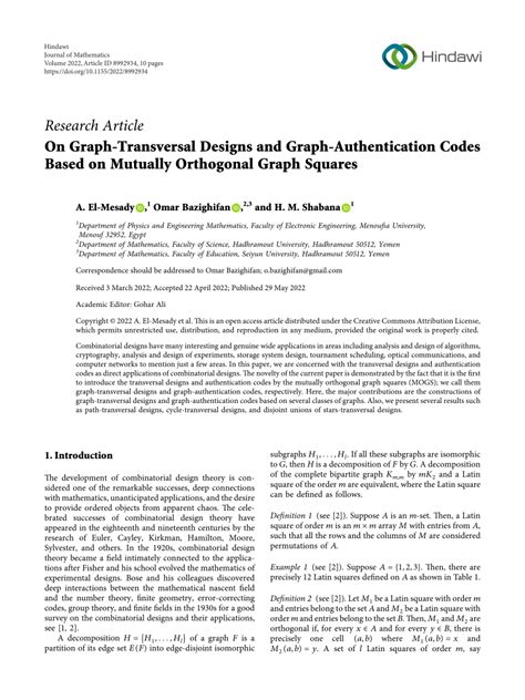 PDF On Graph Transversal Designs And Graph Authentication Codes Based On Mutually Orthogonal