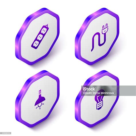아이소 메트릭 전기 확장 플러그 램프 걸이 및 크리 에이 티브 램프 조명 아이디어 아이콘을 설정합니다 보라색 육각형 버튼 벡터 3차원 형태에 대한 스톡 벡터 아트 및 기타