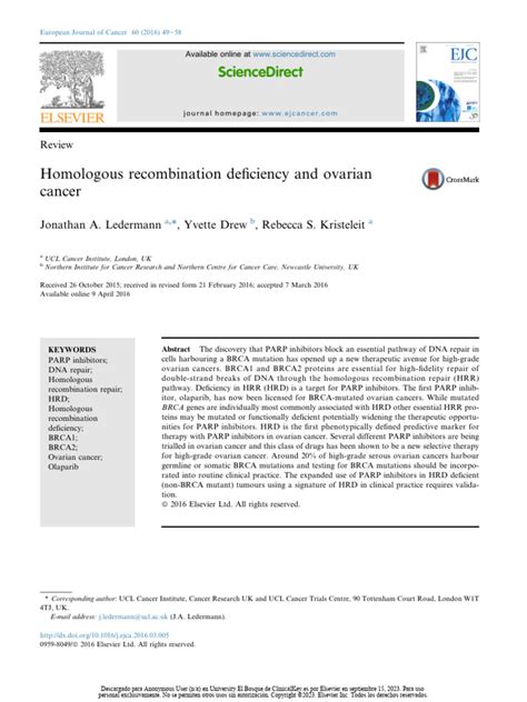Homologous Recombination Deficiency And Ovarian Cancer Pdf Dna