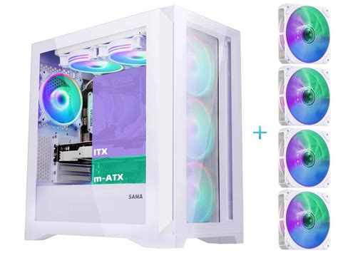 Sama Microatx Computer Case Tempered Glass White Mid Tower 4 Argb Fans Usb 3 0