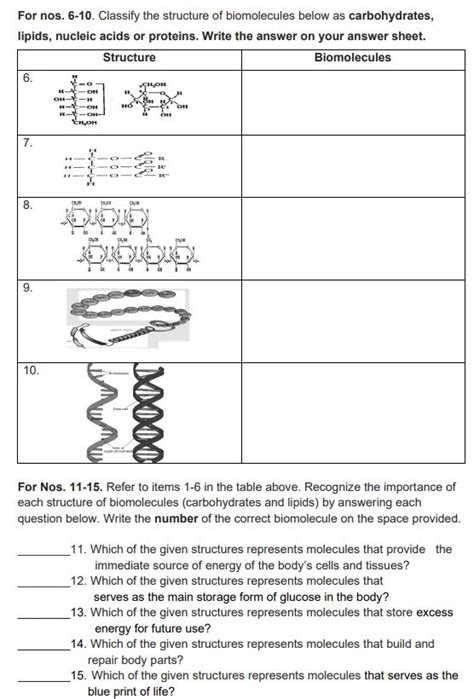For Nos 6 10 Classify The Structure Of Biomolecules Below As Carbohydrates Lipids Nucleic