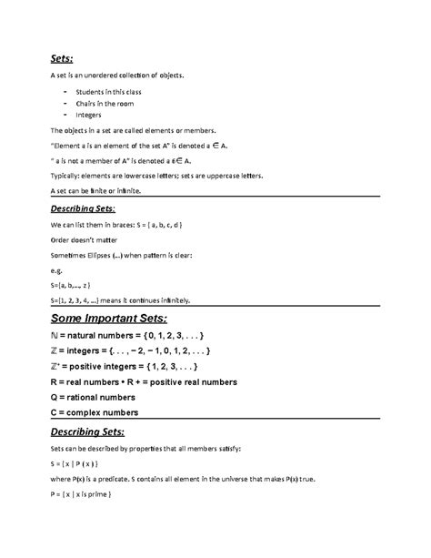 Sets Notes For Sets Sets A Set Is An Unordered Collection Of Objects Students In This