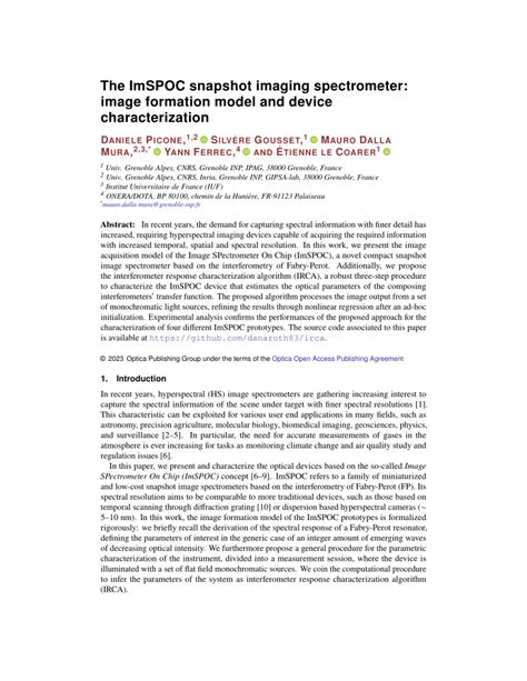 Pdf The Imspoc Snapshot Imaging Spectrometer Image Formation Model And Device Characterization