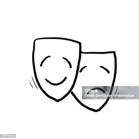 낙서 스타일 벡터와 행복하고 슬픈 표현 그림손으로 그린 극장 마스크 일러스트 Carnival에 대한 스톡 벡터 아트 및 기타 이미지 Carnival Mental