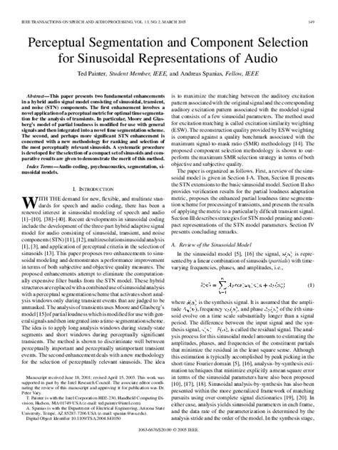 pdf perceptual segmentation and component selection for sinusoidal