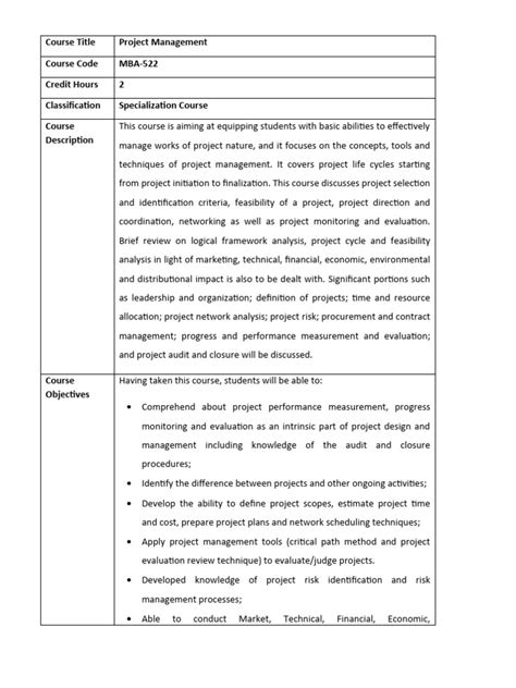 Project Management Course Outline Pdf Project Management