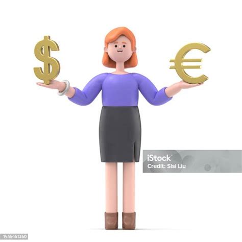 흰색 배경에 렌더링된 기호 달러와 유로가 있는 웃고 있는 유럽 사업가 Ellen의 3d 그림3d 개념에 대한 스톡 사진 및 기타 이미지 Istock
