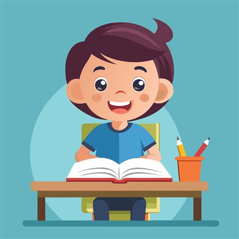 Contento Dibujos Animados Estudiante Sentado A Un Escritorio 49786112
