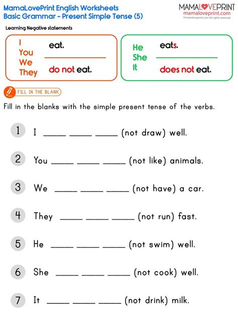 Mamaloveprint Grade 1 English Worksheets Basic Grammar Verbs Present Simple Tense Basic