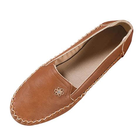 Brown Womens Casual Round Toe Metal Buckle Flat Bottom Loafers Low Heel