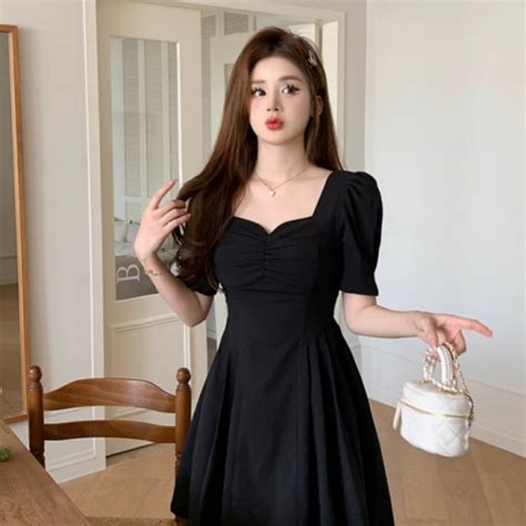 레드베리 여름원피스빅사이즈원피스셀프웨딩 블랙 드레스 브라이덜샤워 20대 30대 백리스퀘어넥 하트넥 퍼프 블라우스 원피스 허리잘록 빅사이즈 77 88 A라인 플레어 롱