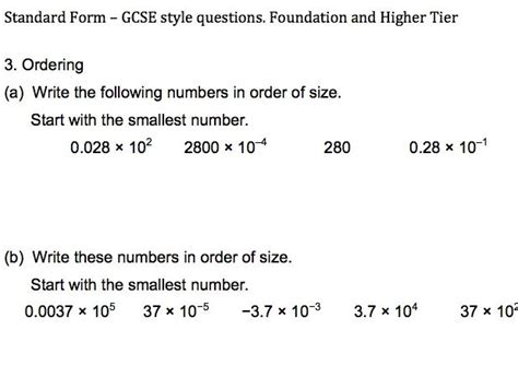 Standard Form Gcse Five Sides Of Questions Adapted From Gcse Papers