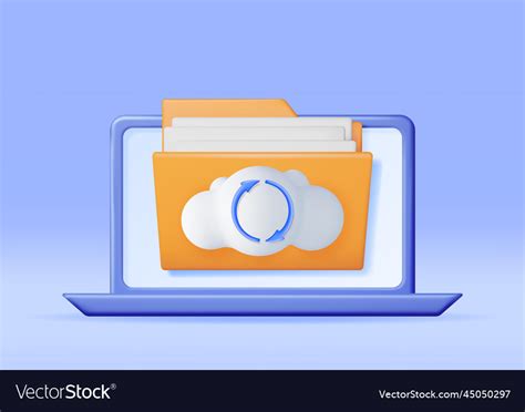 3d Folder In Clouds With File Sync Icon On Laptop Vector Image