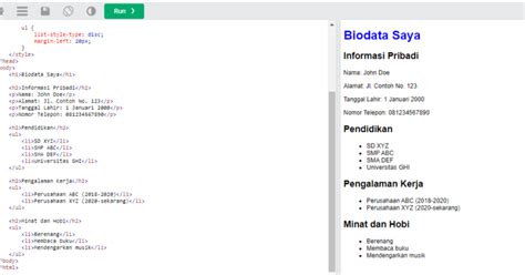 lengkap contoh coding html website biodata