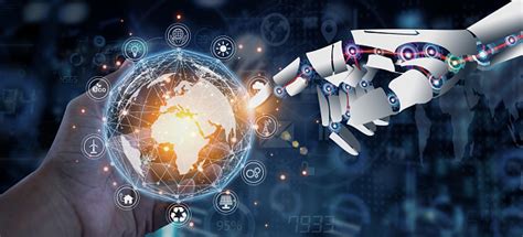 인간의 손과 3d 렌더링 로봇이 세계와 Ai 네트워크 인터페이스 아이콘을 만지고 있다 개발에 대한 스톡 사진 및 기타 이미지 개발 경제 과학 Istock
