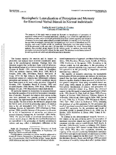 Pdf Hemispheric Lateralization Of Perception And Memory For Emotional
