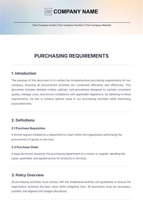 Free Purchasing Requirements Template To Edit Online