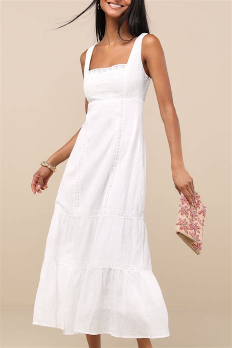 White Midi Dress Lace Trimmed Dress Sleeveless Tiered Dress Lulus
