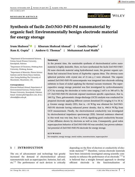 Pdf Synthesis Of Facile Zno Nio‐pdo‐pd Nanomaterial By Organic Fuel Environmentally Benign