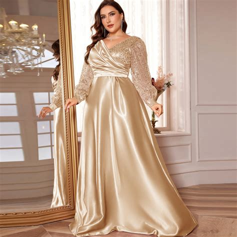 Plus Size Womens Satin Formal Dress Long Sleeves Sparkle Prom Gown