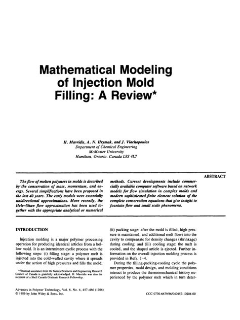 Pdf Mathematical Modeling Of Injection Mold Filling A Review