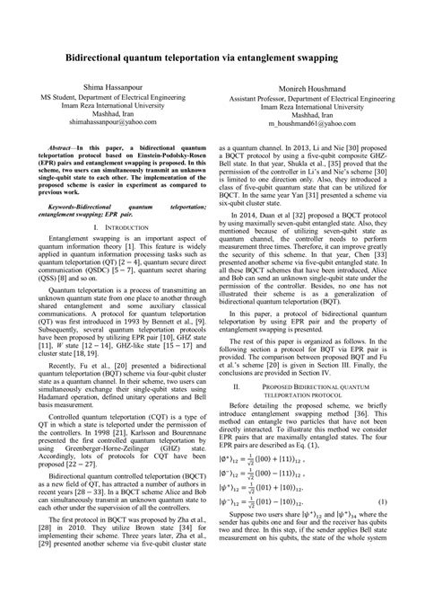 pdf bidirectional quantum teleportation via entanglement swapping
