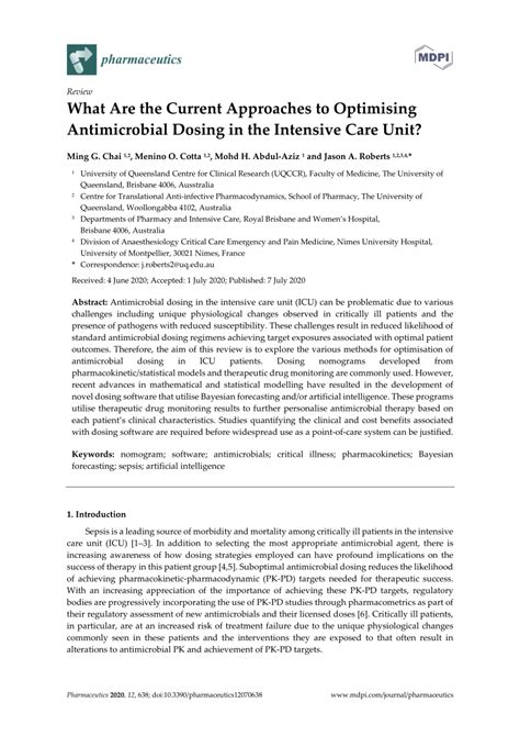 Pdf What Are The Current Approaches To Optimising Antimicrobial Dosing In The Intensive Care Unit