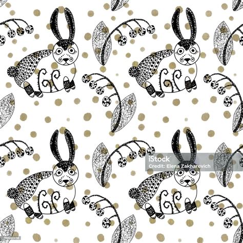 귀여운 토끼와 식물 황금 물방울 무늬와 흰색 배경에 라인 아트와 신비한 숲 원활한 패턴 0명에 대한 스톡 벡터 아트 및 기타 이미지 0명 고대의 귀여운 Istock