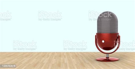 나무 테이블과 하늘색 배경에 팟캐스트를 위한 빨간색의 테이블 마이크 파노라마 이미지 3d 렌더링 라디오에 대한 스톡 사진 및 기타 이미지 Istock