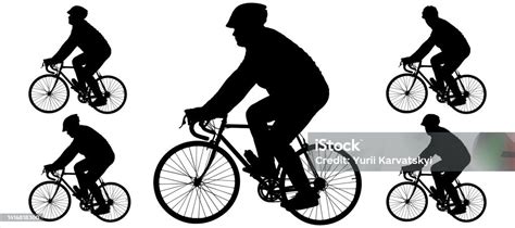 스포츠 헬멧에 자전거를 타는 자전거 타는 사람 자전거를 가진 사람 스포츠 사이클링 연습 팀워크 스포츠 대회 한 남자의 다섯 개의 검은 실루엣이 흰색 배경에 고립되어 있습니다