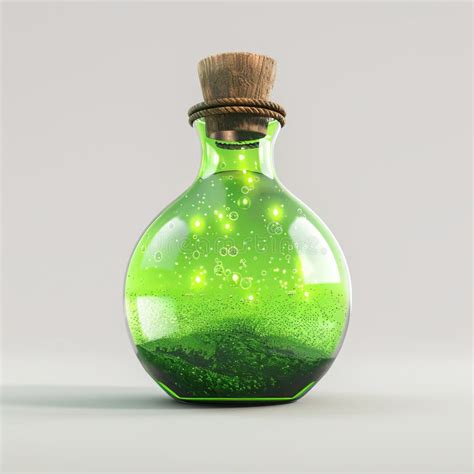 Green Glass Bottle With Glowing Liquid And Cork Stopper Stock