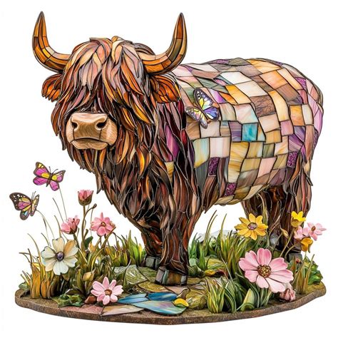 이것은 봄의 따스함과 재생을 담은 생동감 넘치는 3d 스테인드글라스 조각으로 하이랜드 소를 형상화했습니다