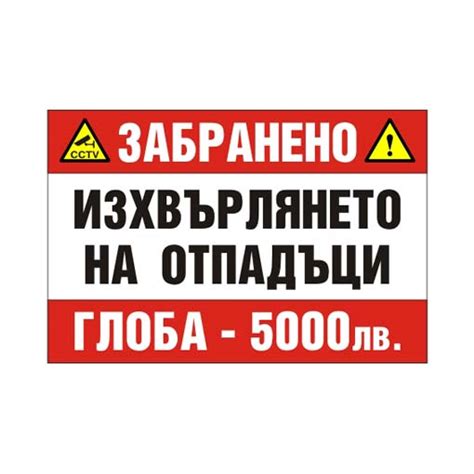 Табела Забранено изхвърлянето на отпадъци глоба 5000лв
