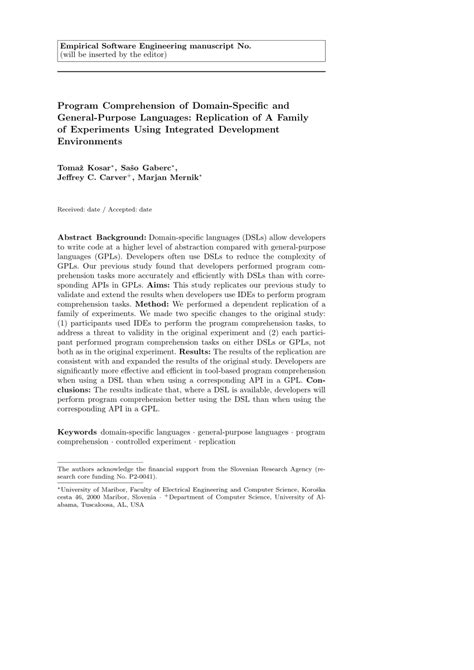Pdf Program Comprehension Of Domain Specific And General Purpose Languages Replication Of A