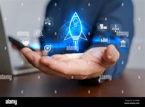 Businessman And Rocket Start Flying Up And Network Line Connection Startup Concept Strategy