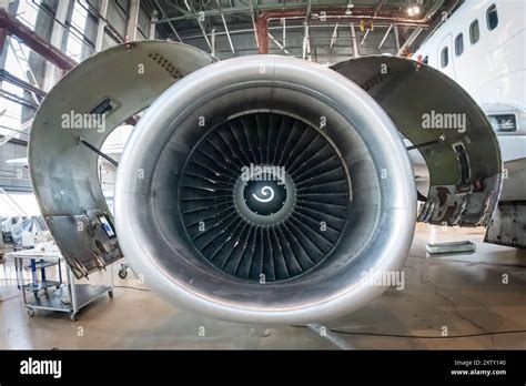 Close Up Of An Open High Bypass Turbofan Aircraft Engine Of A Passenger