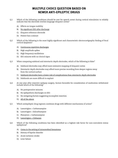 Multiple Choice Question Based On Newer Anti Epile Pdf Epilepsy