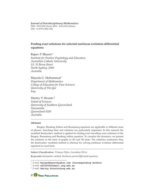 Pdf Finding Exact Solutions For Selected Nonlinear Evolution Differential Equations