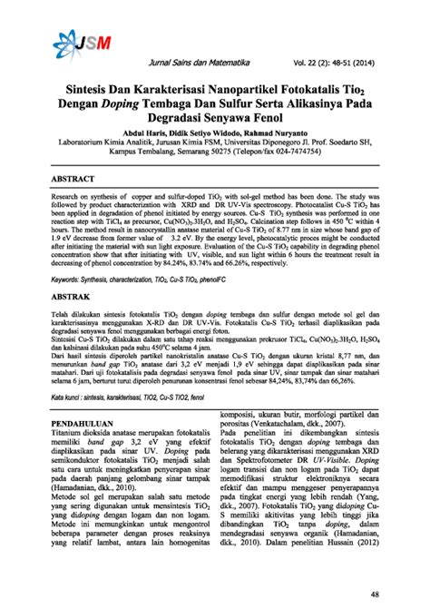 Pdf Sintesis Dan Karakterisasi Nanopartikel Fotokatalis Tio2 Dengan Doping Tembaga Dan Sulfur