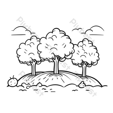 Outline Sketch Trees With Grass Coloring Pages Drawing Vector Png