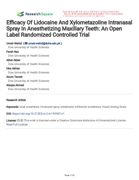 Pdf Efficacy Of Lidocaine And Xylometazoline Intranasal Spray In
